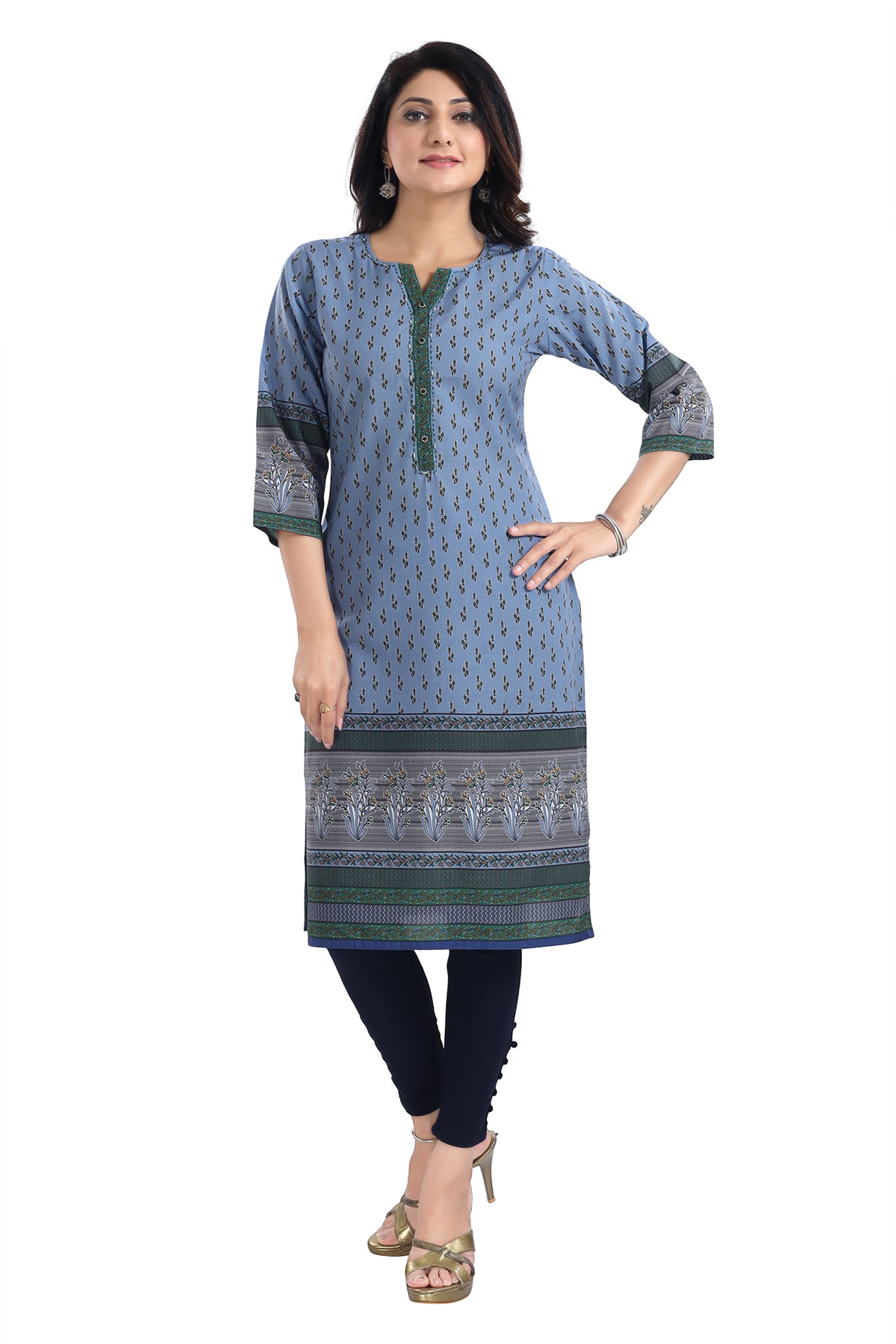 Aesthetic Blue Designer Digital Print Cotton Slub Fabric Long Kurti Tunic