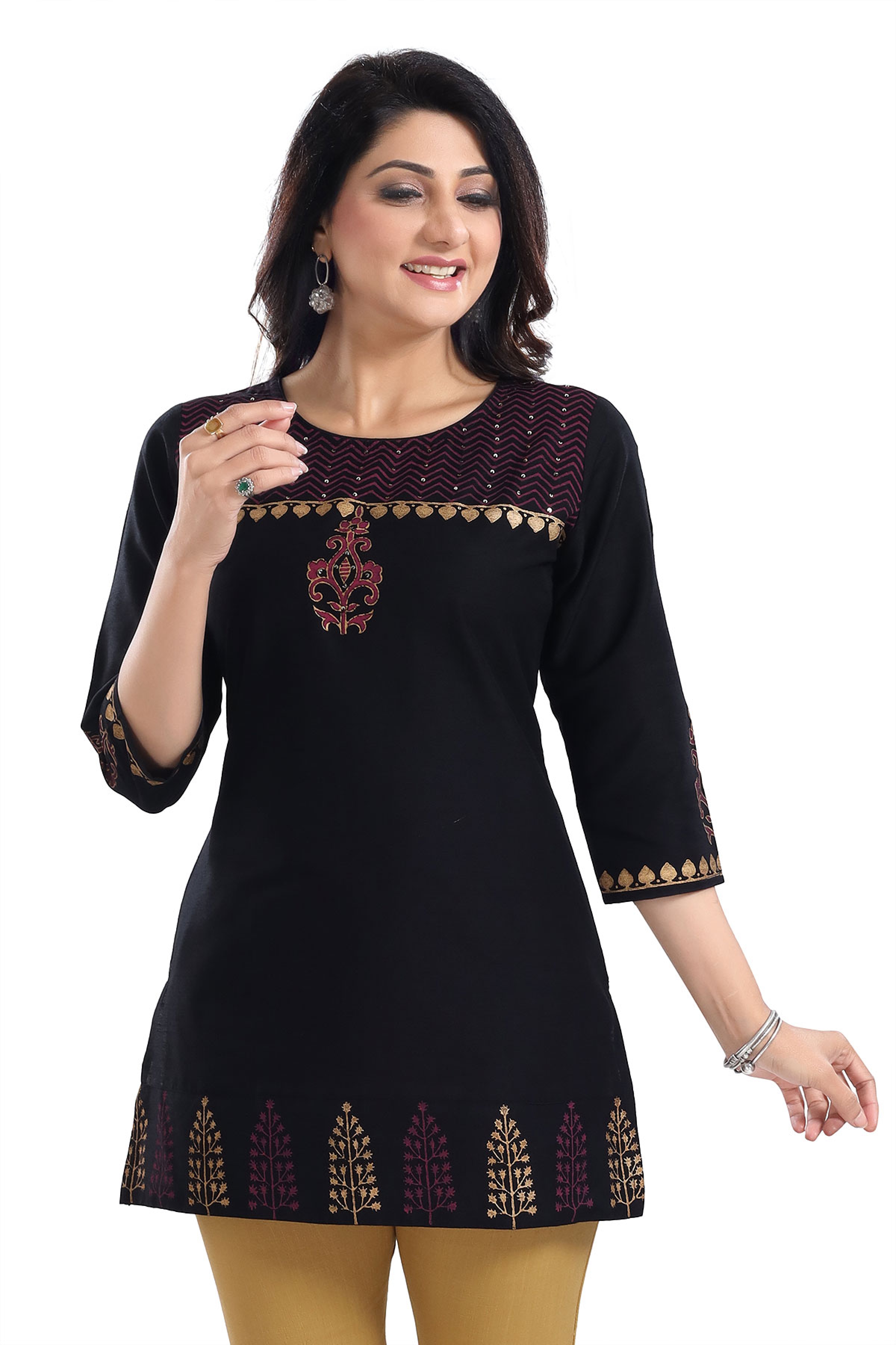 Beauteous Black Cotton Silk Hand Block Print Short Tunic Top