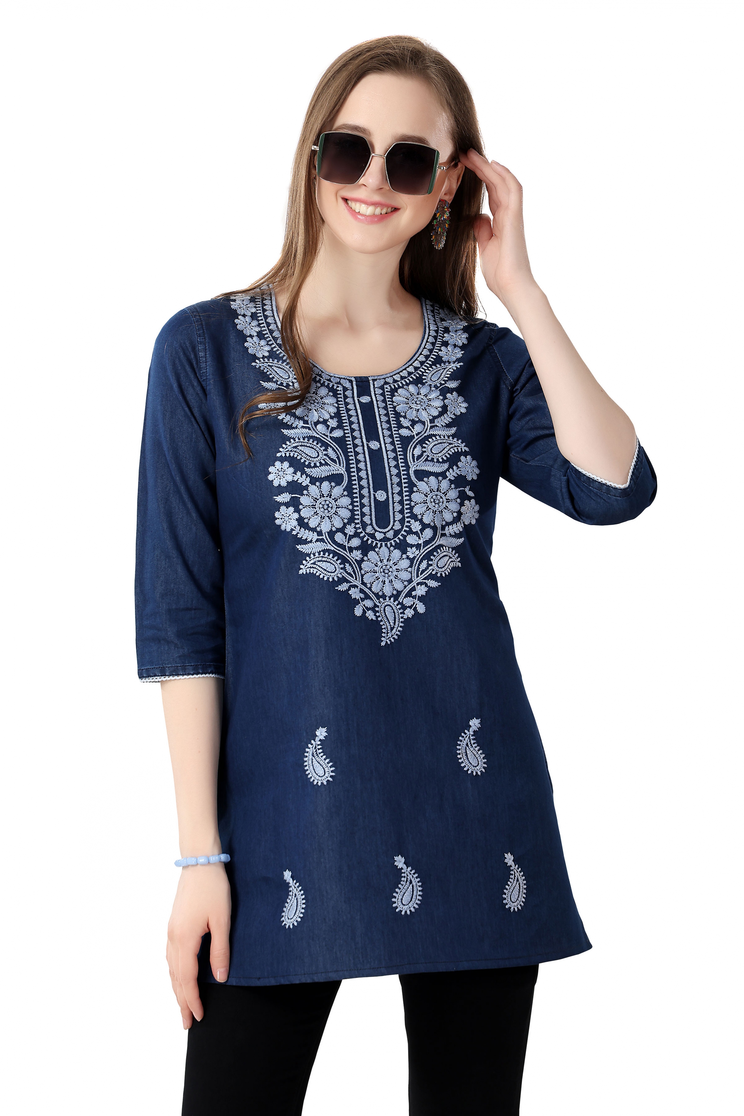 Blue Denim Tunic with Intricate Chikankari Embroidery