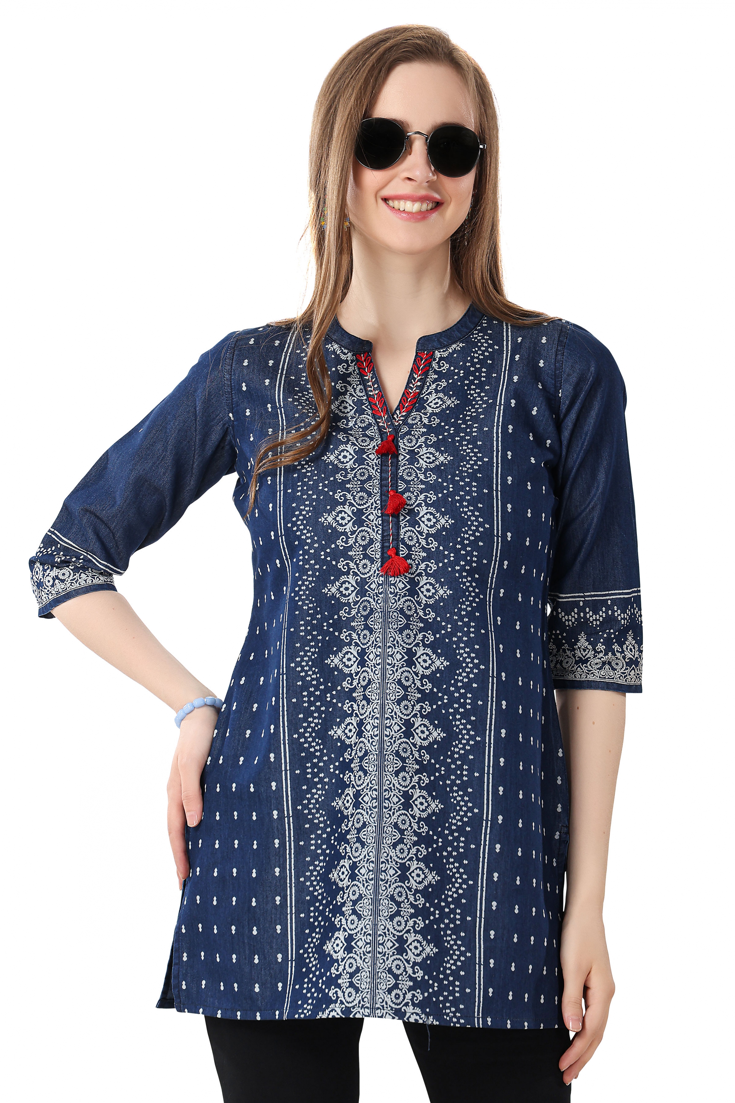 Soft Washed Blue Denim Tunic With Beautiful Print and Thread Work