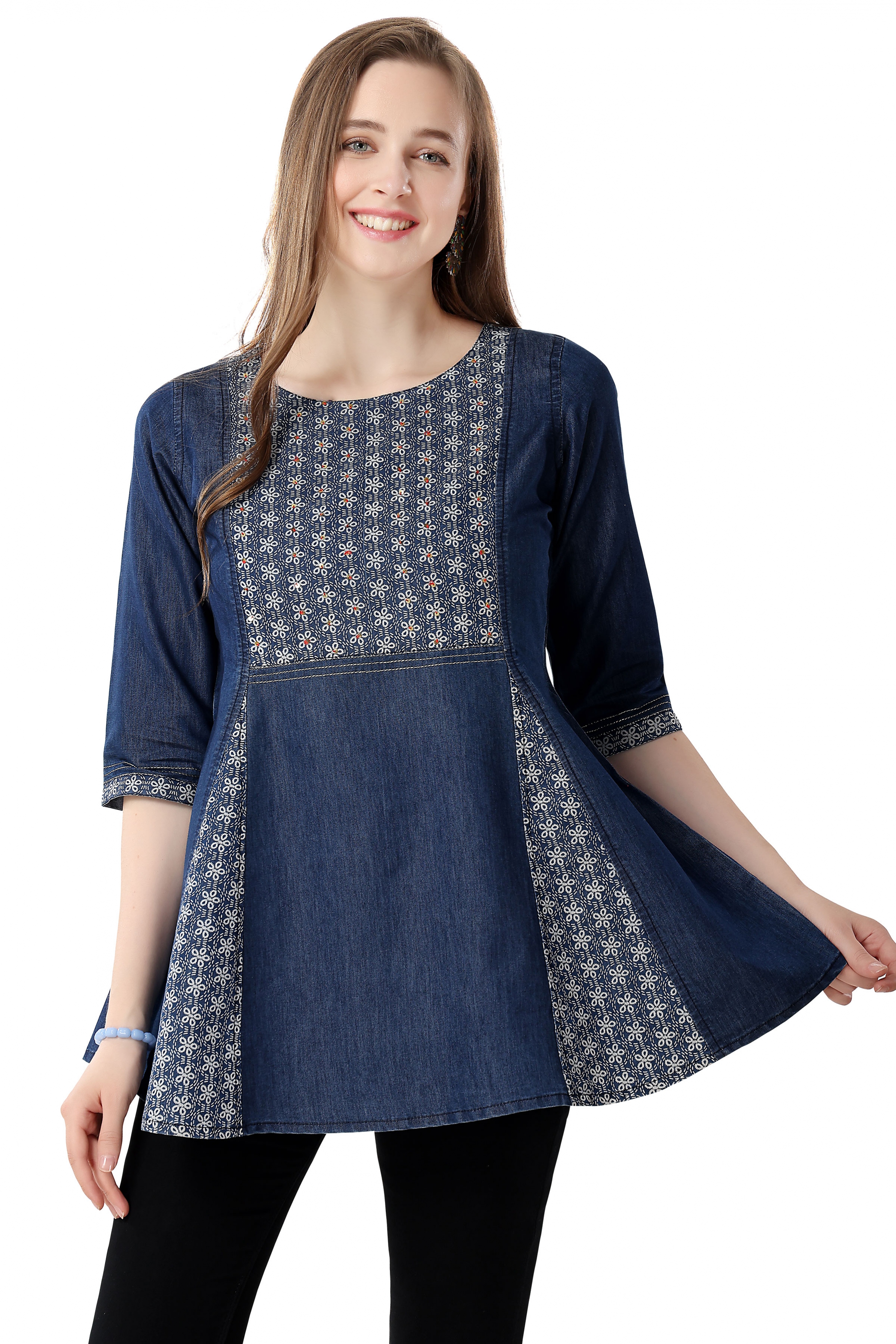 Chic Blue Denim Frock Tunic with Intricate Thread Work