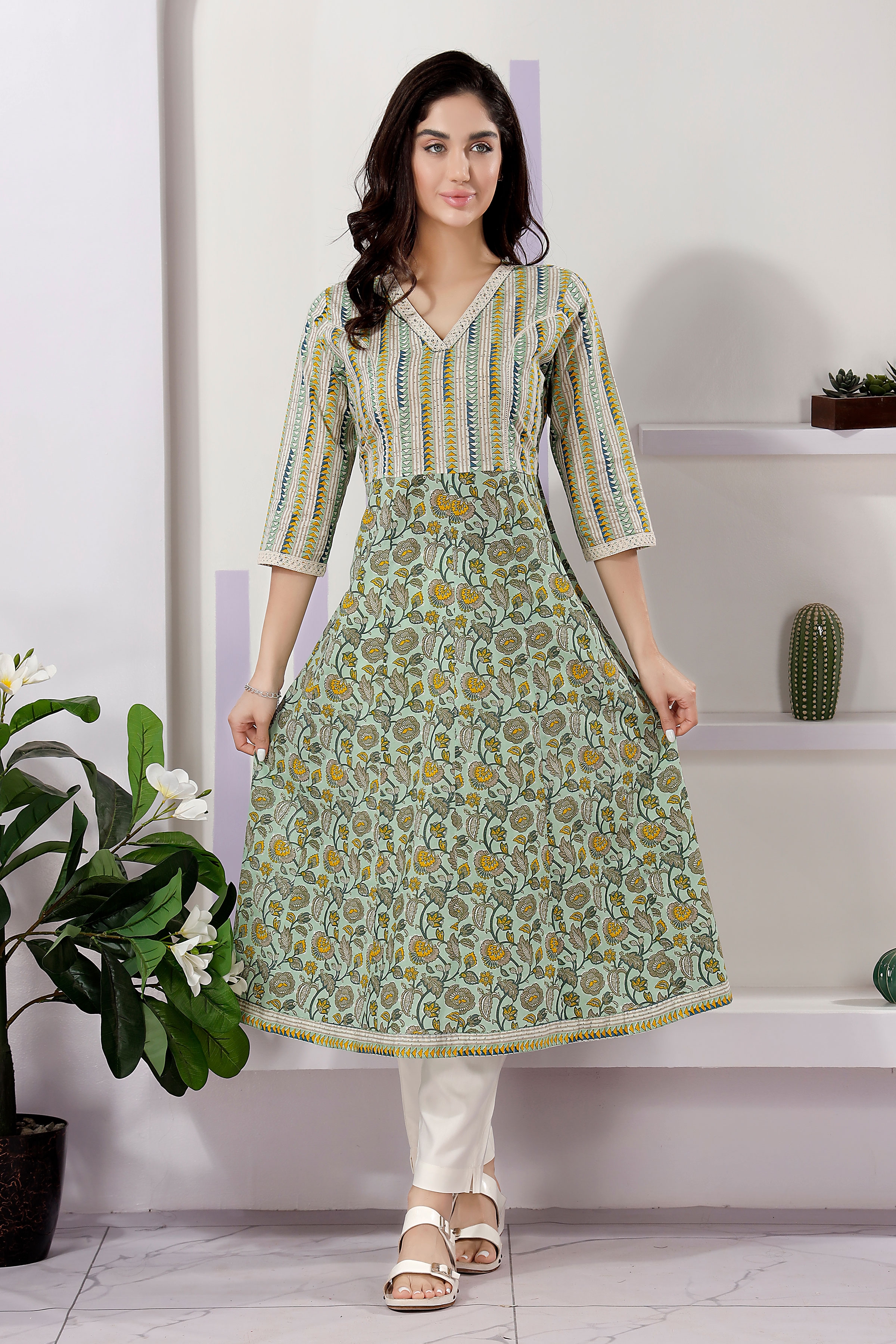 Trendy Pista Color Cotton Anarkali Kurti with Mix and Match Prints