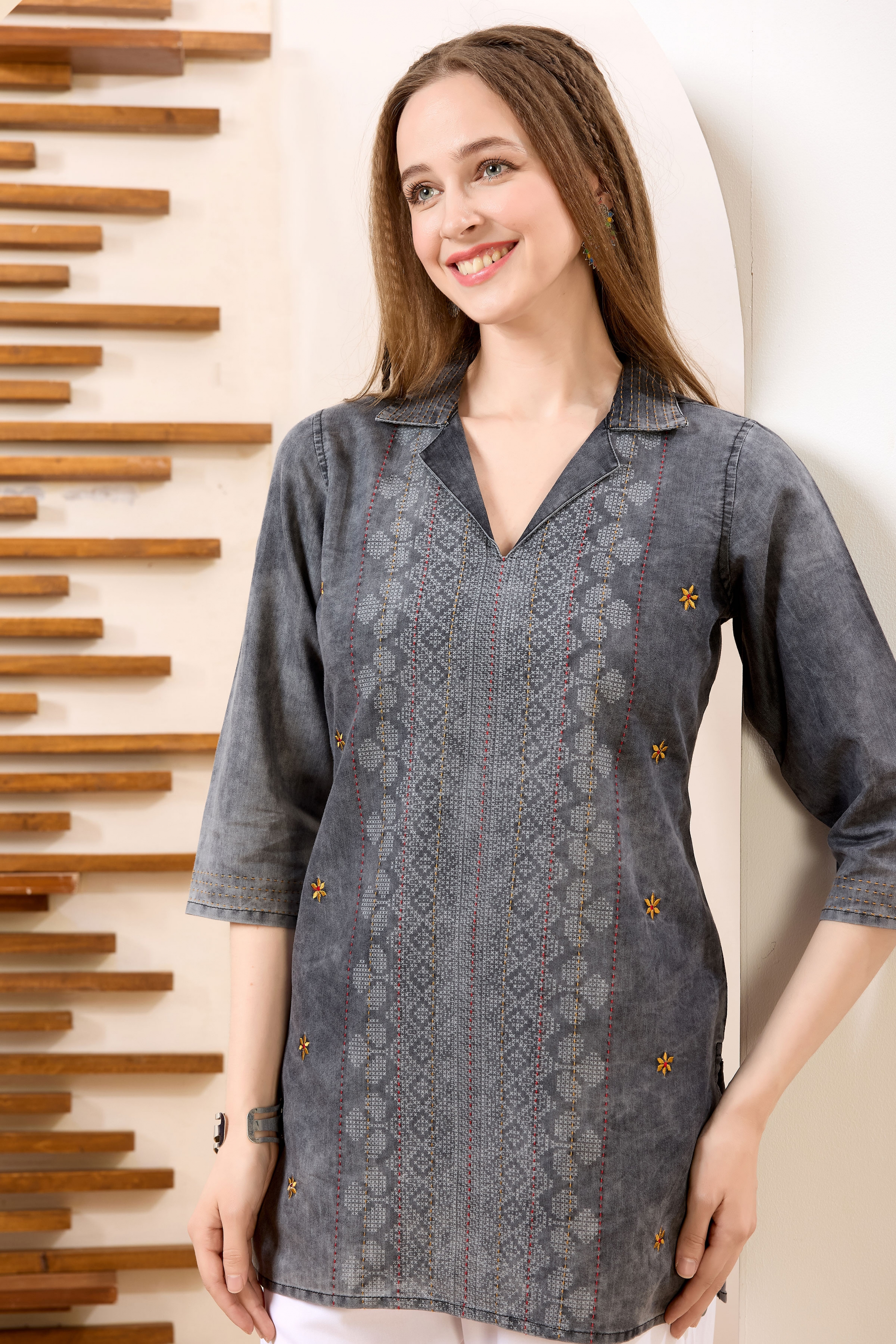 Black Denim Tunic Hand Embroidery and Coat Collar