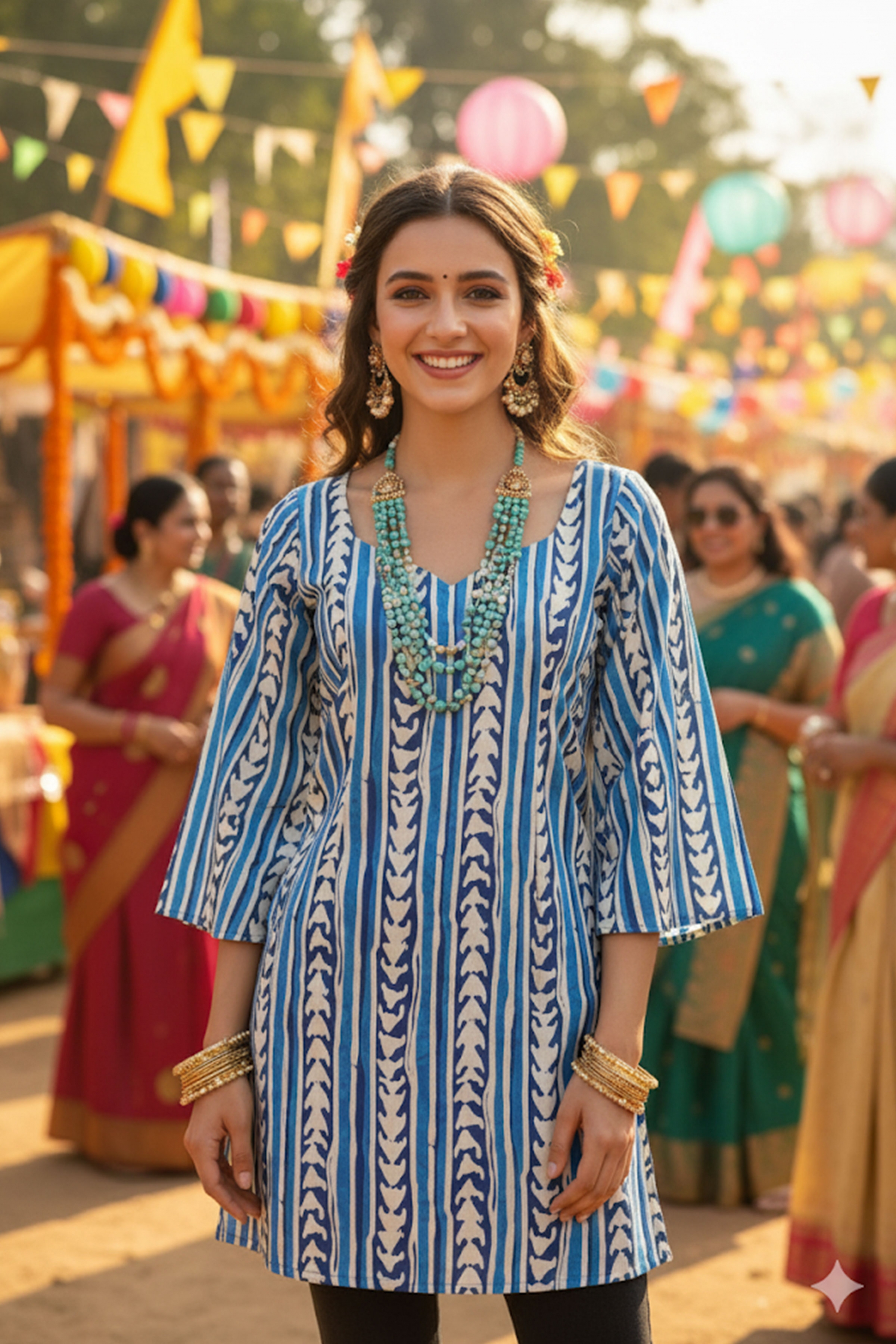 Indigo Blue Dabu Print Kurti With Bell Sleves