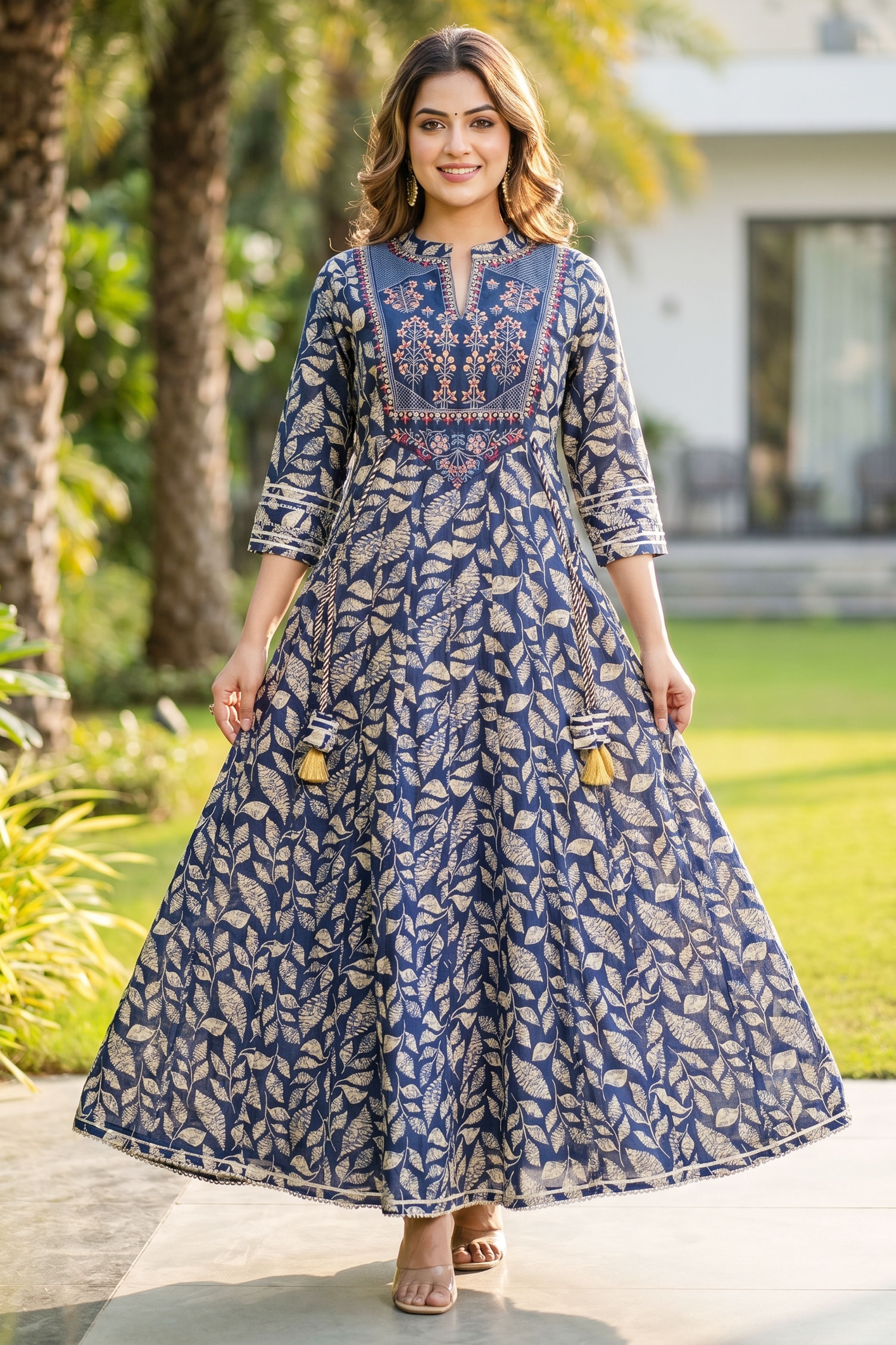 Navy Blue Umbrella Flair Anarkali Long Kurti with Embroidery and Tussles